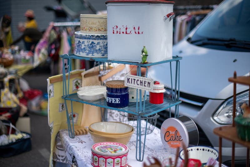 Flea market, kitchen stall stock photo. Image of garage - 155048616