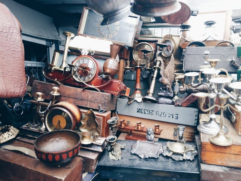 Flea Market Old Candlesticks, Bowls, Wooden Boxes Editorial Photography ...