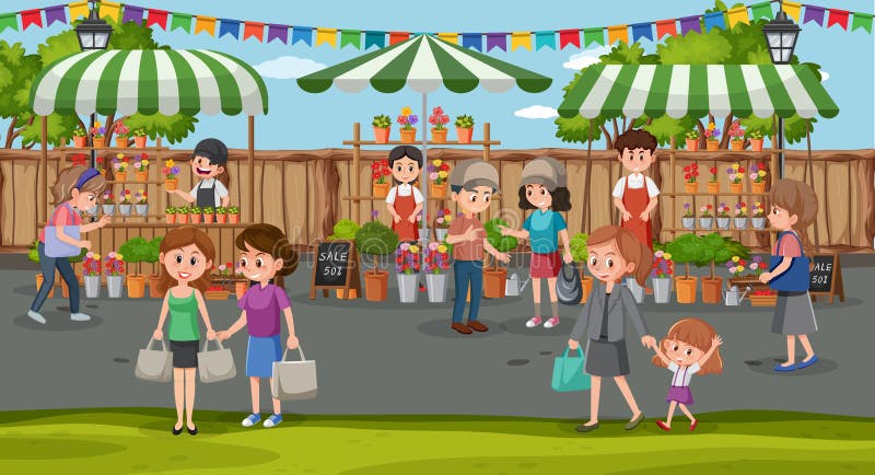 Flea Market Scene in Cartoon Style Stock Vector - Illustration of ...