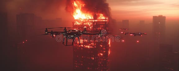 Futuristic Firefighting Drones Combat Raging Flames in Urban Setting at ...