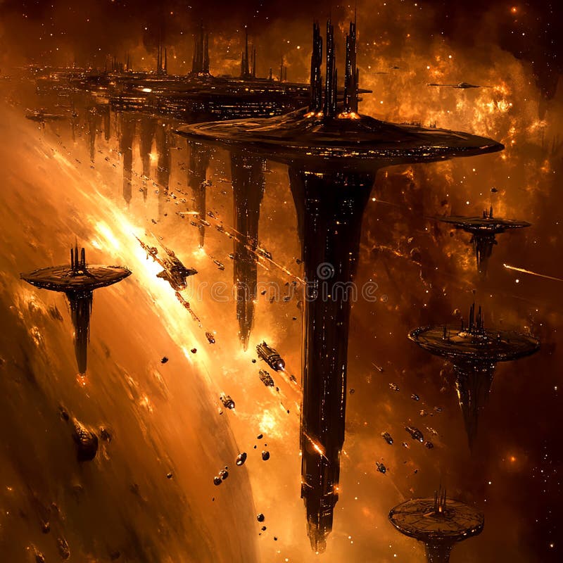 Fleet of Alien Ships Escorting a Colossal Spacecraft Stock Photo ...