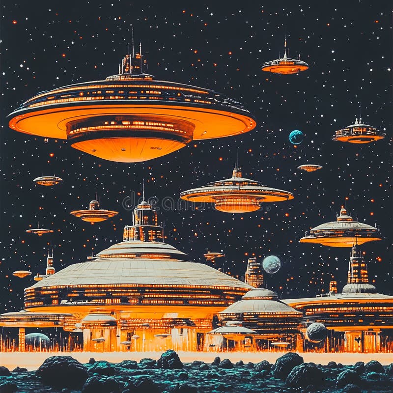 Fleet of Alien Ships Escorting a Colossal Spacecraft Stock Illustration ...