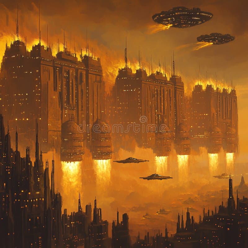 Fleet of Alien Spacecraft Launching from a Massive Space Station Stock ...