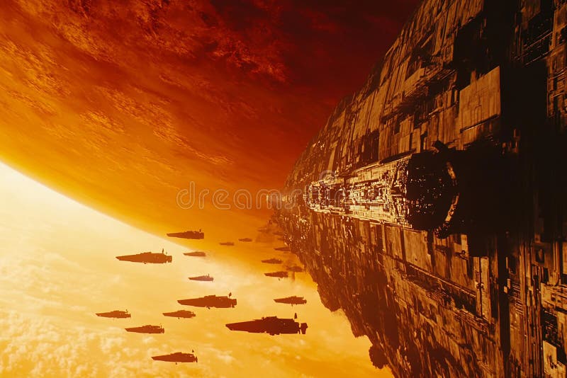 Fleet of Alien Spacecraft Launching from a Massive Space Station Stock ...