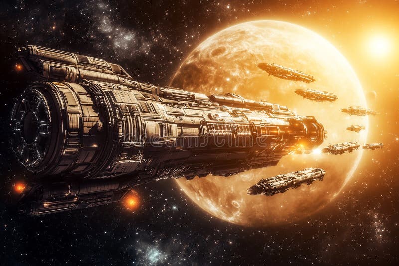 Fleet of Alien Spacecraft Launching from a Massive Space Station Stock ...