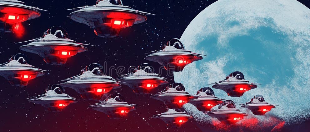 Fleet of Alien Spacecraft Launching from a Massive Space Station Stock ...