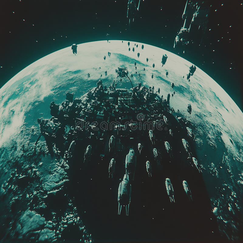 Fleet of Alien Spacecraft Launching from a Massive Space Station Stock ...