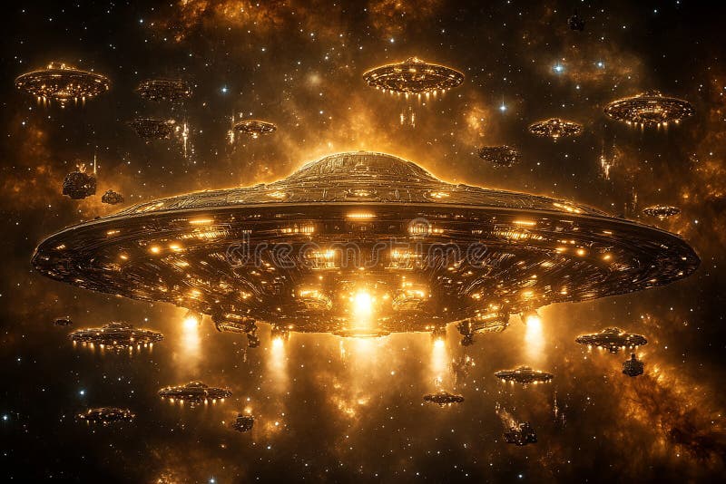 Fleet of Alien Spacecraft Launching from a Massive Space Station Stock ...