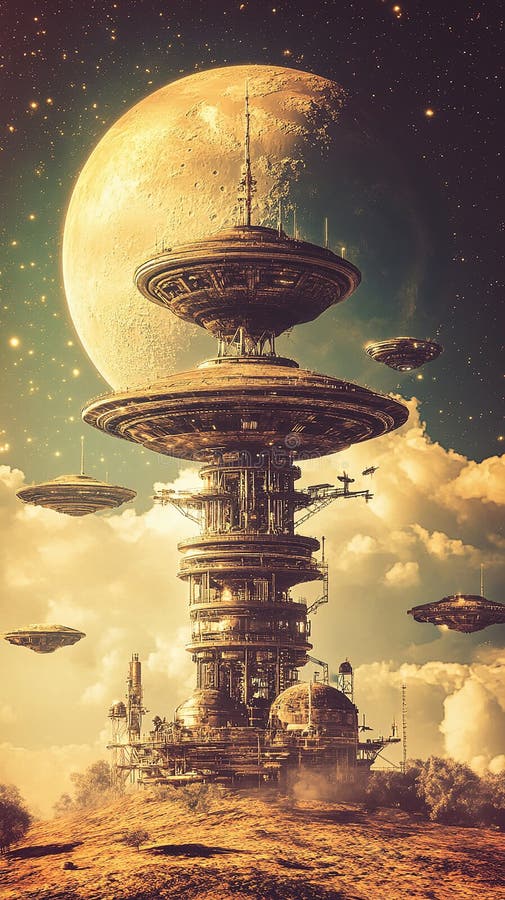 Fleet of Alien Spacecraft Launching from a Massive Space Station Stock ...