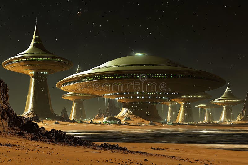 Fleet of Alien Spacecraft Launching from a Massive Space Station Stock ...