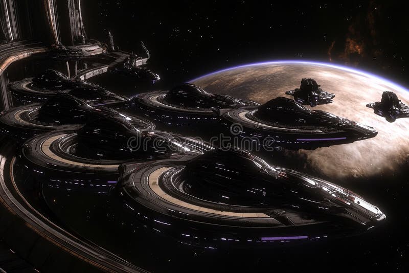 Fleet of Alien Spacecraft Launching from a Massive Space Station Stock ...
