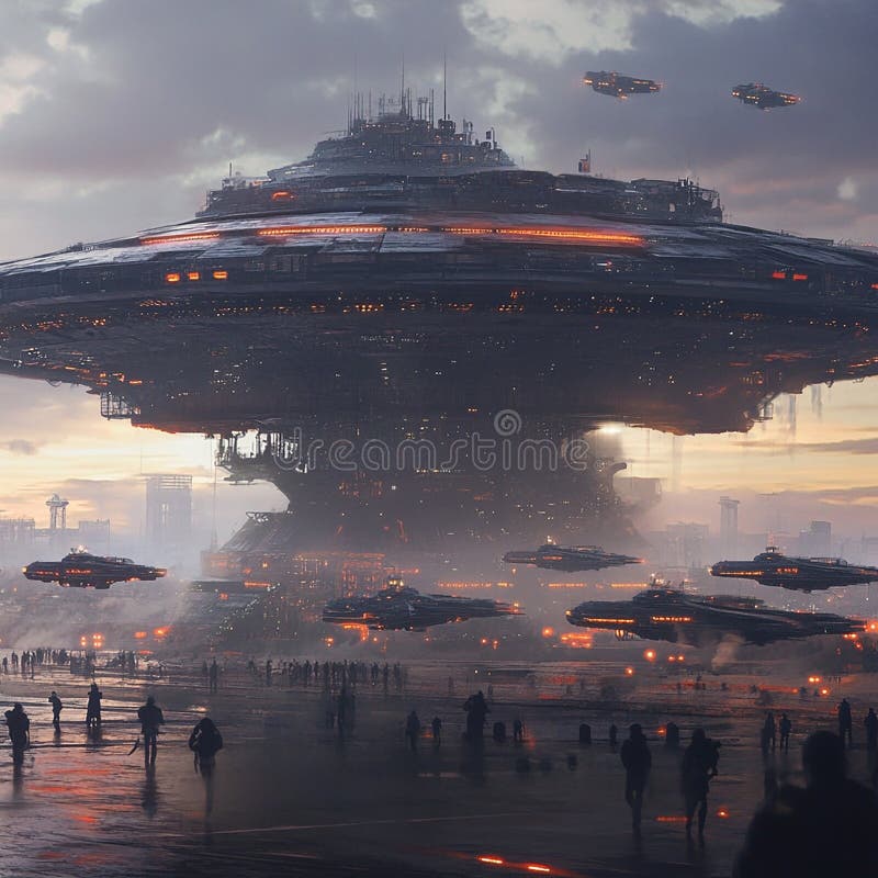 Fleet of Alien Spacecraft Launching from a Massive Space Station Stock ...