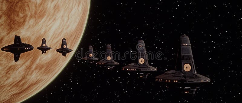 Fleet of Alien Spacecraft Launching from a Massive Space Station Stock ...