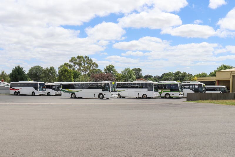 Fleet of Bus Coaches at a Transport Depot Stock Image - Image of trip ...