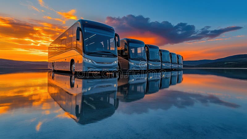 Fleet of Buses at Sunset, Reflected Perfectly Stock Illustration ...