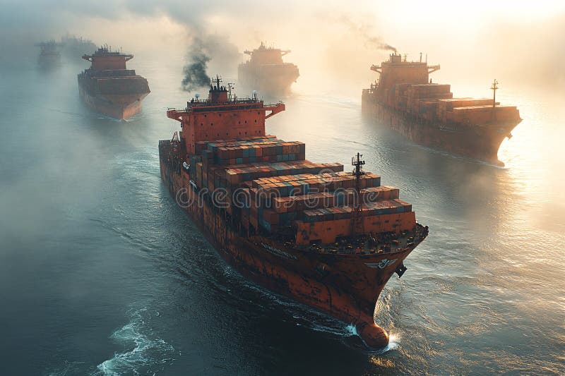 Fleet of Cargo Ships at Sea Stock Image - Image of logistics, ship ...