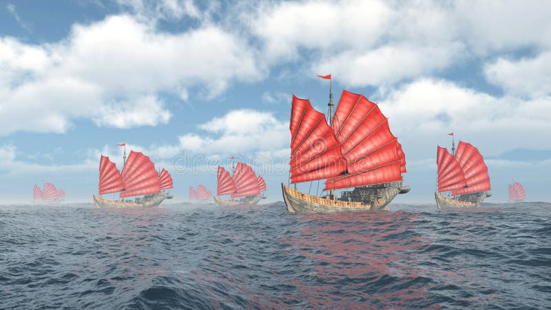 Fleet of Chinese Junk Ships Stock Illustration - Illustration of asia ...