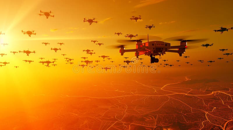 A Fleet of Drones is Flying in Formation Over a Picturesque Landscape ...
