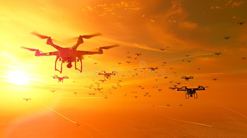 A Fleet of Drones is Flying in Formation Over a Picturesque Landscape ...