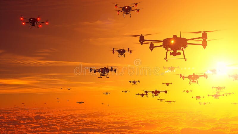 A Fleet of Drones is Flying in Formation Over a Picturesque Landscape ...