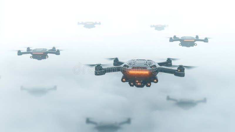 Fleet of Drones Soaring through the Expansive Blue Sky, Glimpse into the Future of Autonomous ...