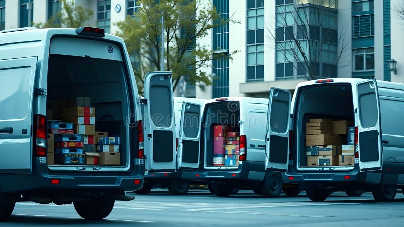 A Fleet of Generic Delivery Vans Parked in a Row Stock Illustration ...
