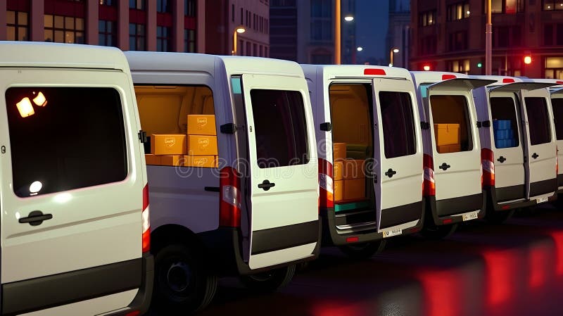 A Fleet of Generic Delivery Vans Parked in a Row Stock Illustration ...