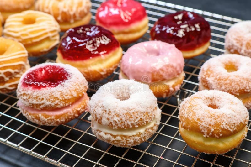 A Fleet of Jelly-filled Donuts on a Bakery Cooling Rack Stock Photo ...