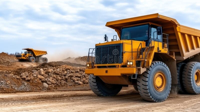 A Fleet of Large Yellow Mining Trucks Drives Along a Dirt Road in a ...