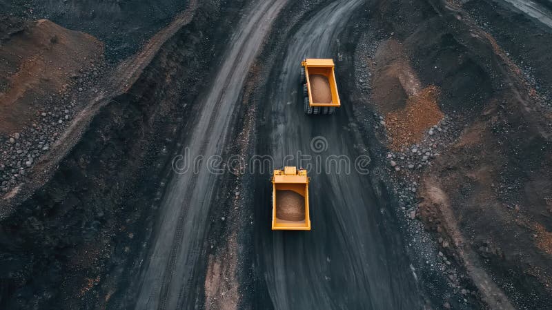A Fleet of Large Yellow Mining Trucks Drives Along a Dirt Road in a ...