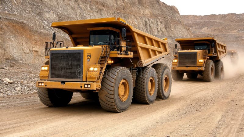 A Fleet of Large Yellow Mining Trucks Drives Along a Dirt Road in a ...