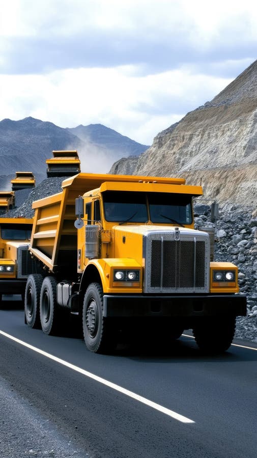 A Fleet of Large Yellow Mining Trucks Drives Along a Dirt Road in a ...