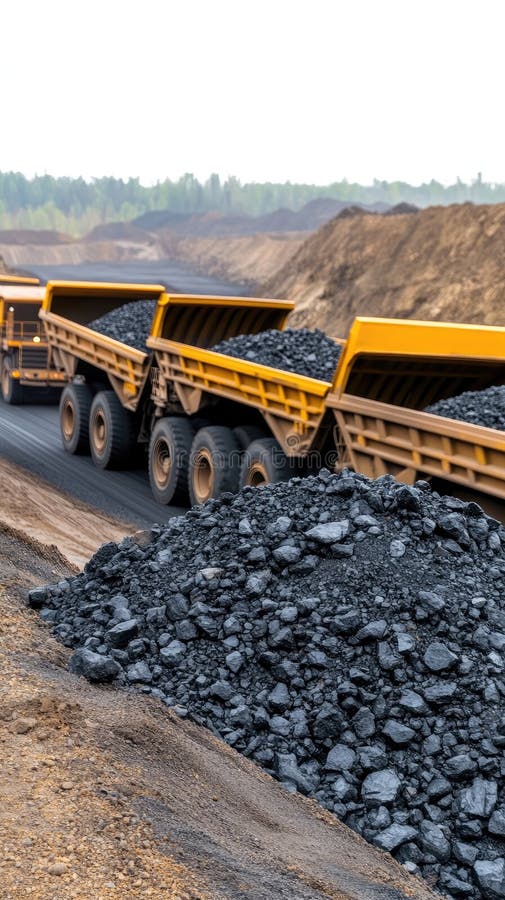 A Fleet of Large Yellow Mining Trucks Drives Along a Dirt Road in a ...