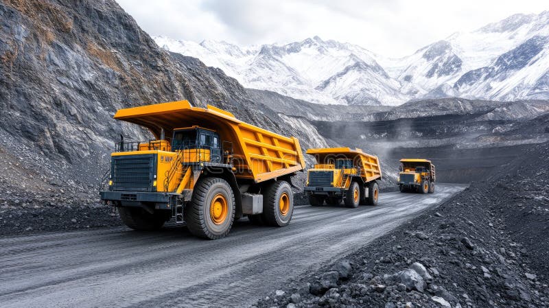 A Fleet of Large Yellow Mining Trucks Drives Along a Dirt Road in a ...