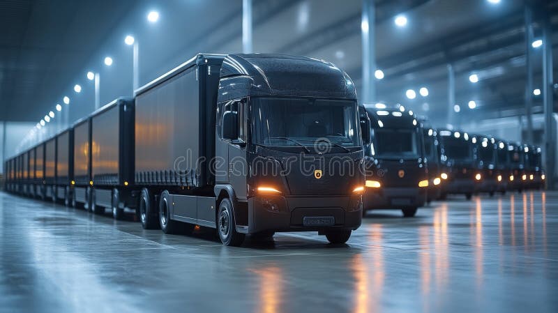 Fleet of Modern Trucks Lined Up Inside a Large Warehouse for Efficient ...