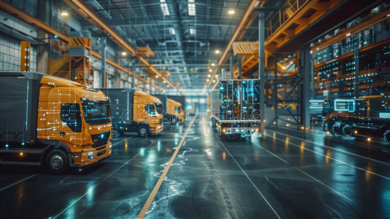 Fleet of Modern Trucks Parked Inside a Spacious Warehouse with High ...