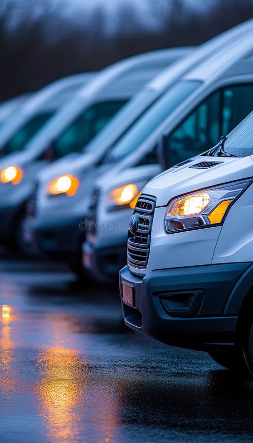 Fleet of New White Delivery Vans Parked in a Row on Wet Asphalt Surface ...