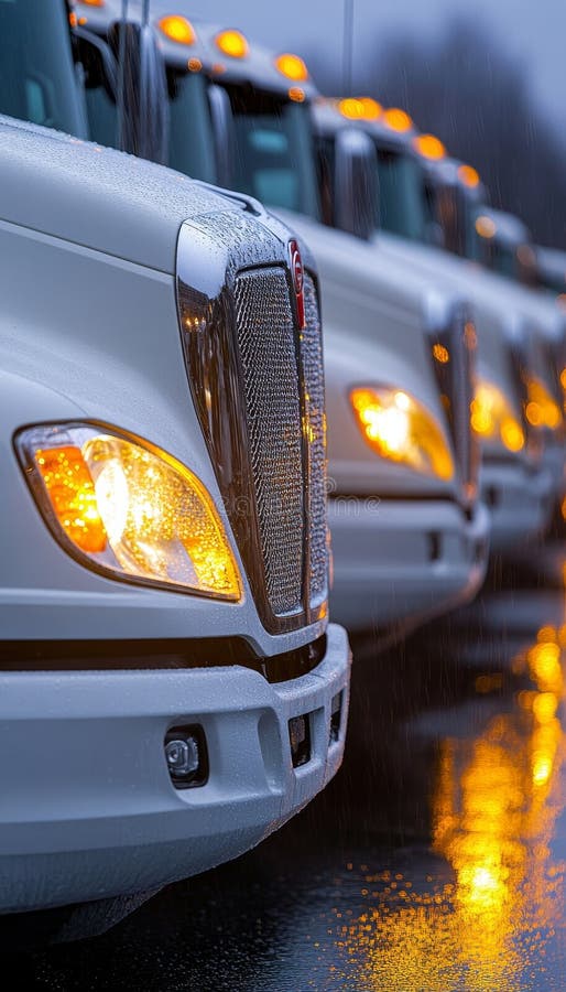 Fleet of New White Semi Trucks Parked in a Row Transportation and ...