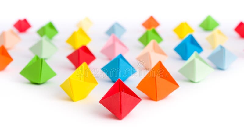Fleet of Origami Paper Ships in Triangle Shape Isolated on White Stock ...