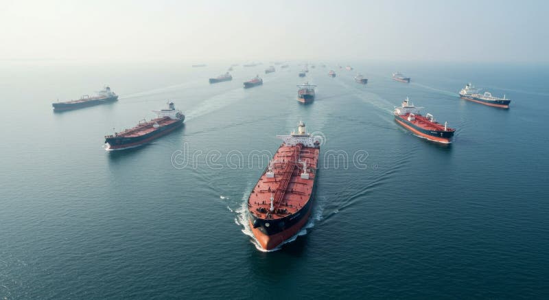 Fleet of Red Cargo Ships Sailing on Calm Ocean Stock Illustration ...