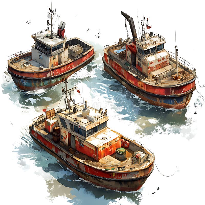 Fleet of Rusty Tugboats Navigating Choppy Waters Stock Illustration ...
