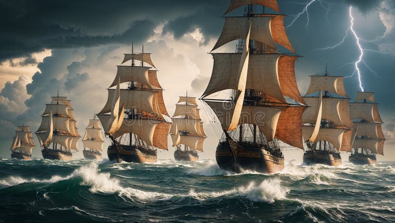Fleet of Sailing Ships Navigating Stormy Seas with Lightning Strike ...