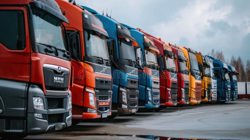 Fleet of Semi-trucks Lined Up in a Logistics Yard Ready Stock ...