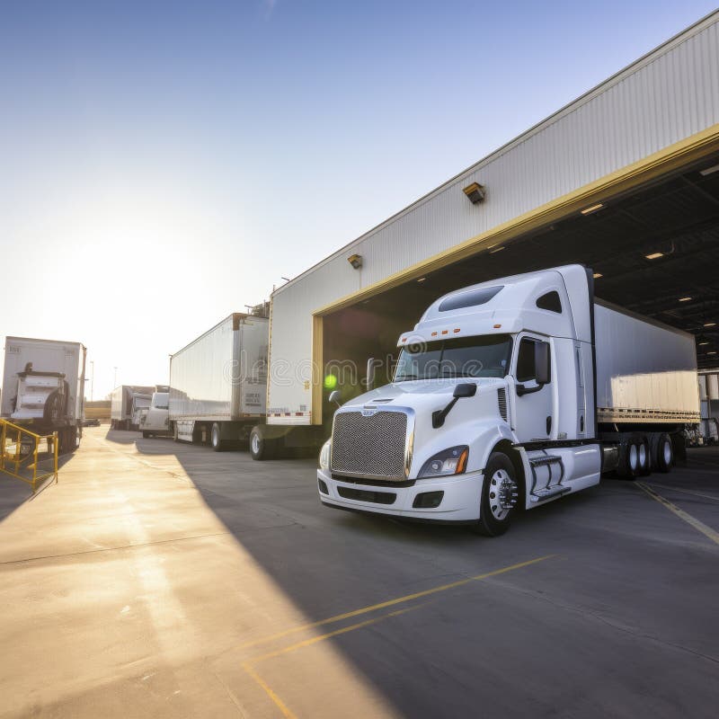 Semi Trucks Loading at Warehouse Dock at Sunset Stock Image - Image of ...