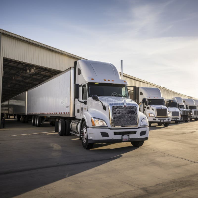 Fleet of Semi Trucks Waiting at the Loading Dock of a Warehouse Stock ...