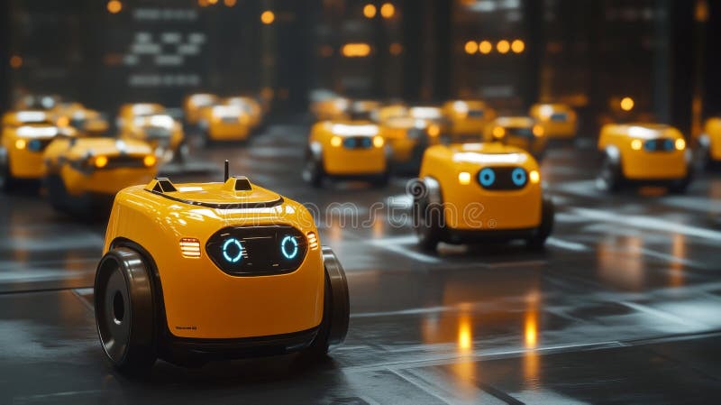 A Fleet of Small Yellow Robots in a Futuristic Setting Stock ...