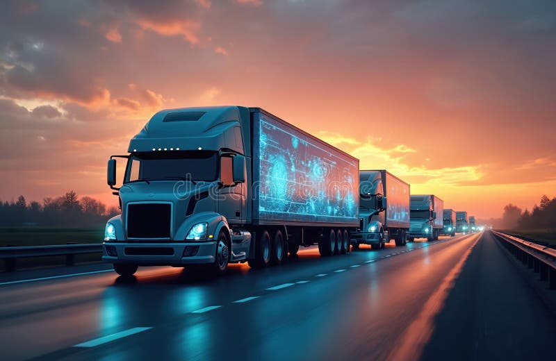 Fleet of Trucks on Highway at Sunset. Real-time Fleet Management ...