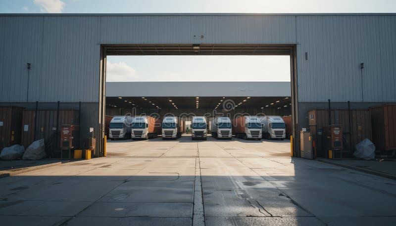 Fleet of Trucks Lined Up in a Large Warehouse Ready for Loading and ...