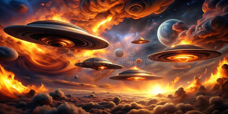 A Fleet of Unidentified Flying Objects Navigating a Fiery Celestial ...