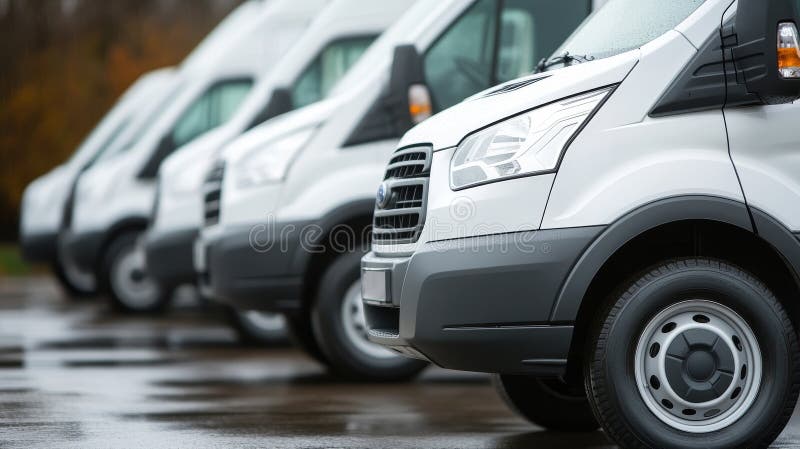 Fleet of White Commercial Vans Parked in a Row, Logistics and ...